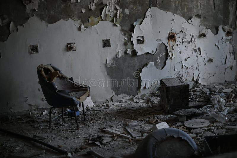 Danger Empty Destroyed Room with Chairs and Broken Wall during War ...