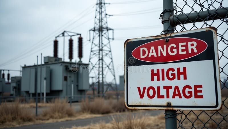 Danger High Voltage Sign on Fence with Blurred Transformers and Power ...