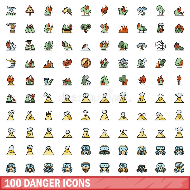 100 Danger Icons Set, Color Line Style Stock Vector - Illustration of ...