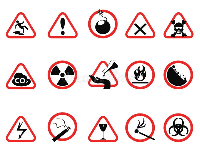 Danger Icons Set, Triangular and Circle Warning Hazard Signs Stock ...