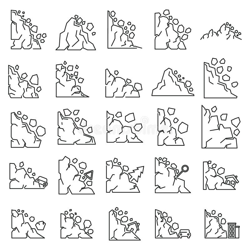 Landslide Icons Set, Outline Style Stock Vector - Illustration of ...