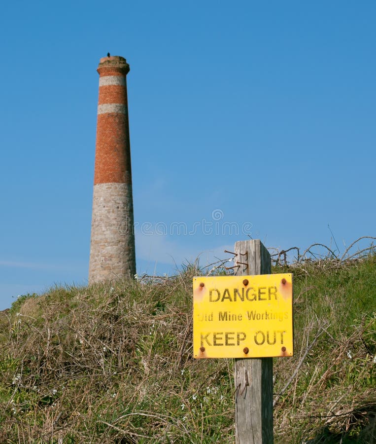 Danger Old Mine Workings Sign with Cornish Mine Works Chimney Stock ...
