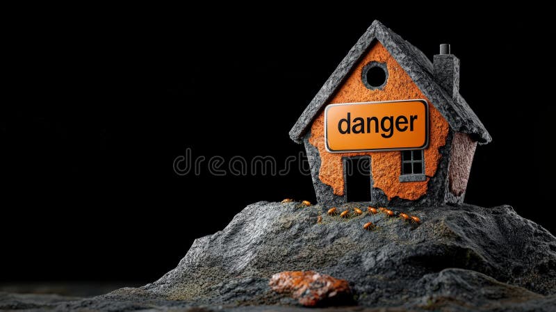 Danger Sign on a House Model Dramatic Lighting Isolate Background Stock ...