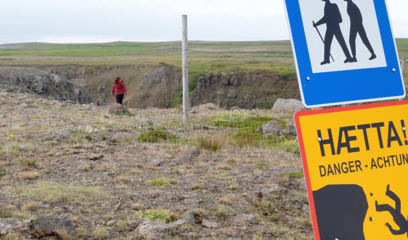 Danger Sign in Iceland - Warning of Steep Cliffs Stock Photo - Image of ...