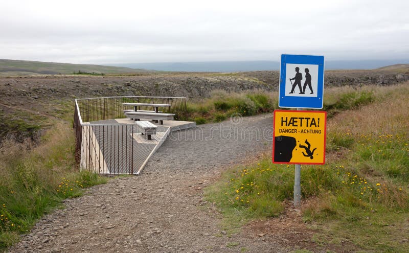 Danger Sign in Iceland - Warning of Steep Cliffs Stock Photo - Image of ...