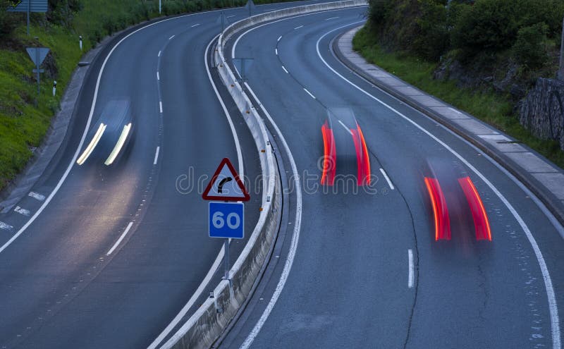 Danger Sign on the Road, Car Lights at Night Stock Image - Image of ...