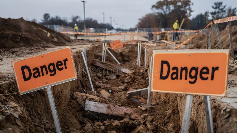 Danger Signage and Collapsed Trench at Construction Site Highlighting ...