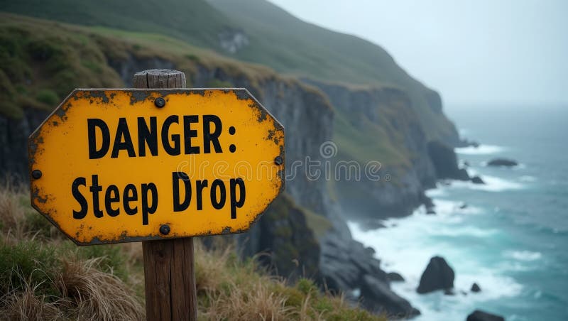 Danger Steep Drop Warning Sign on Cliff Edge Above Ocean Stock ...