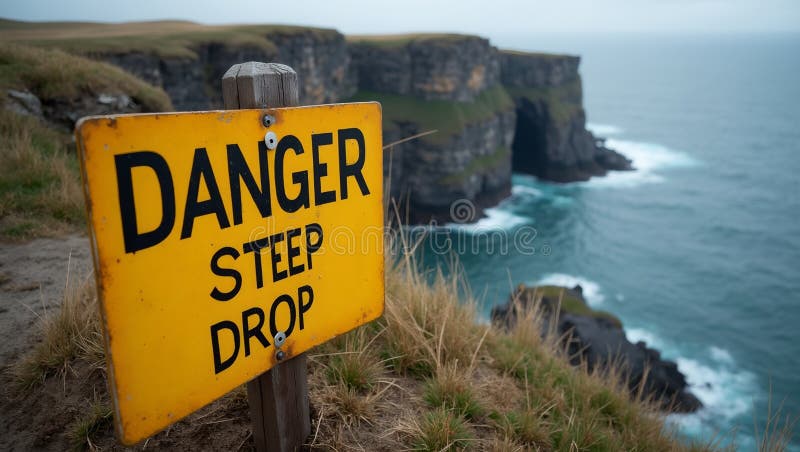 Danger Steep Drop Warning Sign on Cliff Edge Above Ocean Stock ...