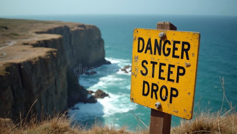 Danger Steep Drop Warning Sign on Cliff Edge Above Ocean Stock ...