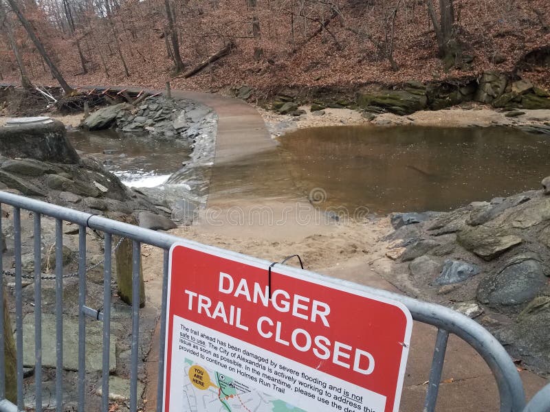Danger Trail Closed Sign with Path and River Flood Stock Image - Image ...