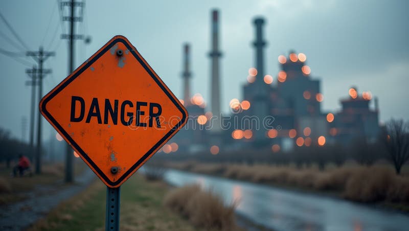 Danger Warning Sign in Front of Industrial Factory Stock Illustration ...