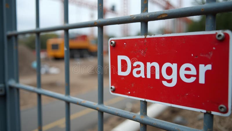 Danger Warning Sign on Metal Gate with Blurry Construction Site Stock ...