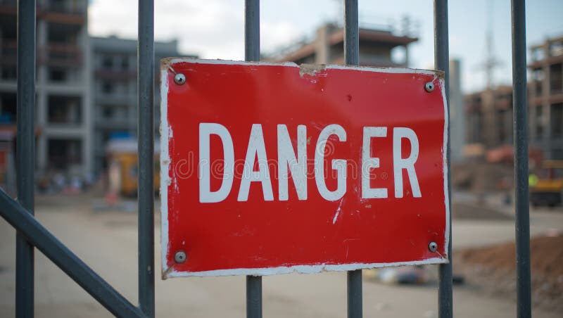 Danger Warning Sign on Metal Gate with Blurry Construction Site Stock ...