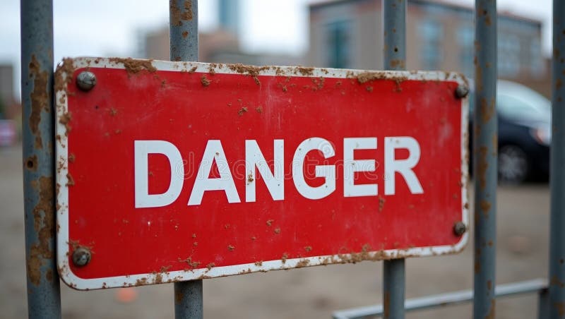 Danger Warning Sign on Metal Gate with Blurry Construction Site Stock ...