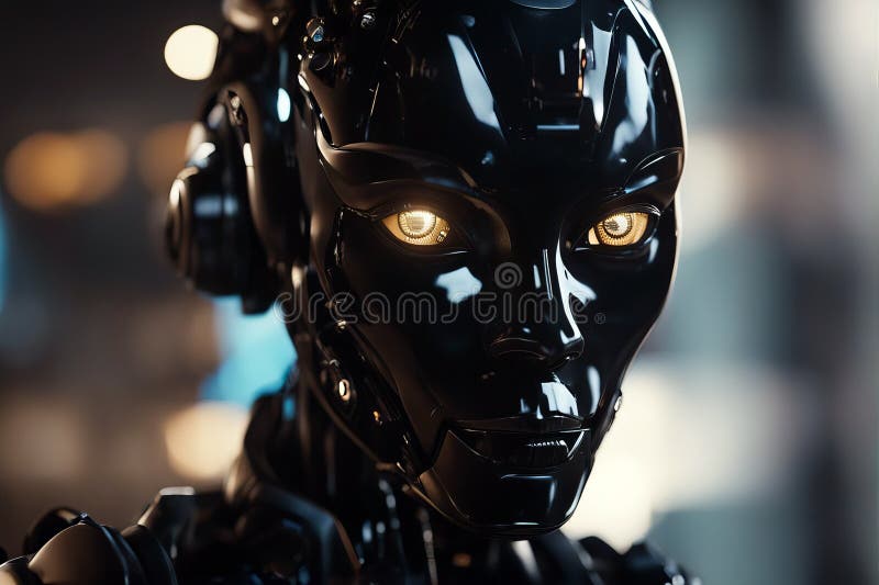 Dangerous AI - Black Female Android Robot with Evil Shiny Yellow Eyes ...