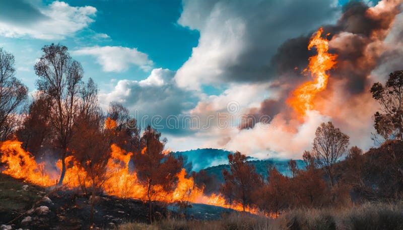 Dangerous Fire in Forest, Burning Trees and Hills, Natural Disaster ...