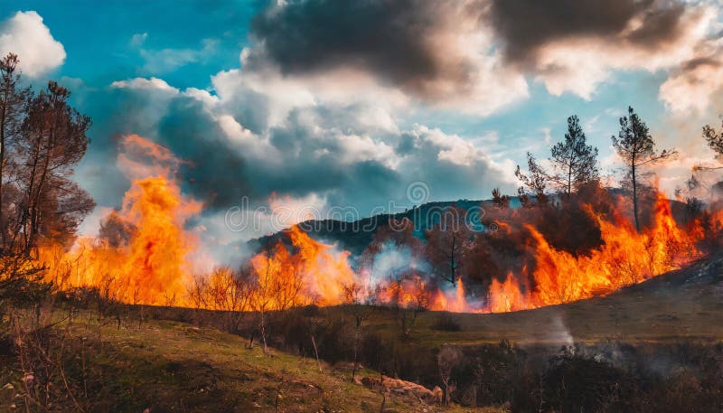Dangerous Fire in Forest, Burning Trees and Hills, Natural Disaster ...