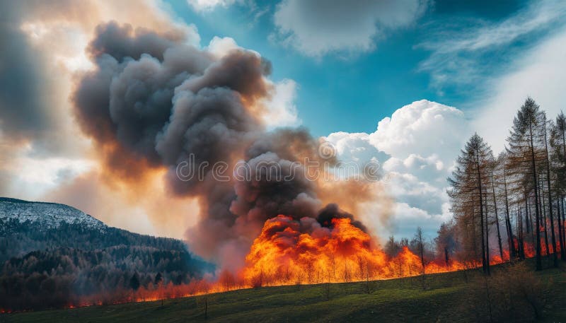Dangerous Fire in Forest, Burning Trees and Hills, Natural Disaster ...