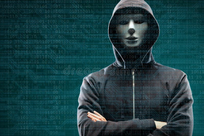 Dangerous Hacker Over Abstract Digital Background With Binary Code Obscured Dark Face In Mask
