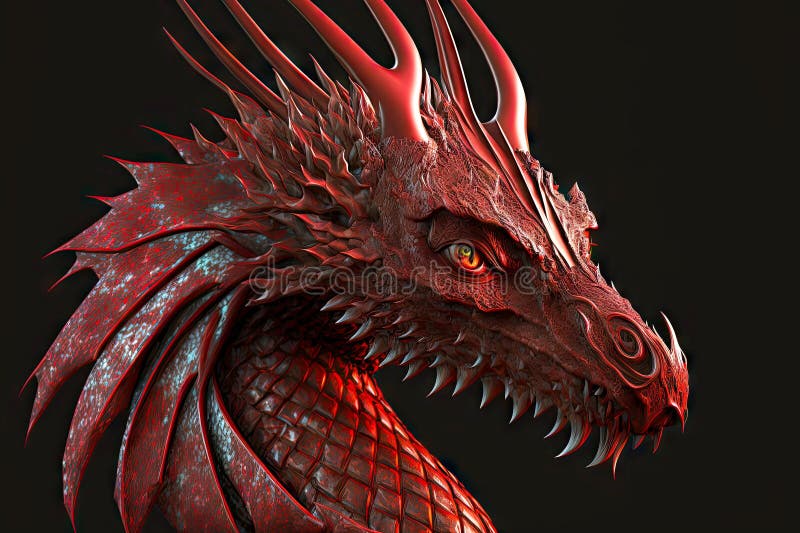 Dangerous Head of Red Dragons with Red Eyes on Dark Background Stock ...