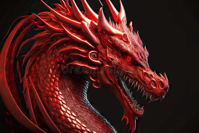 Dangerous Head of Red Dragons with Red Eyes on Dark Background Stock ...