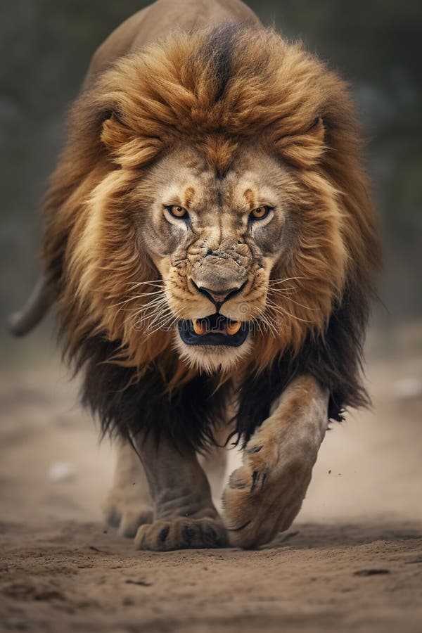 Dangerous Lion Male Moving Toward Camera, Created with Generative AI ...