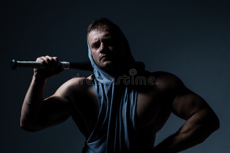 Dangerous Muscular Man with Baseball Bat Ready for Fight. Stock Image ...
