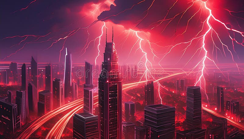 Dangerous Red Lightning Crashes on a Big City Stock Illustration ...