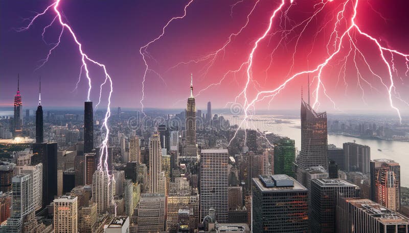 Dangerous Red Lightning Crashes on a Big City Stock Illustration ...