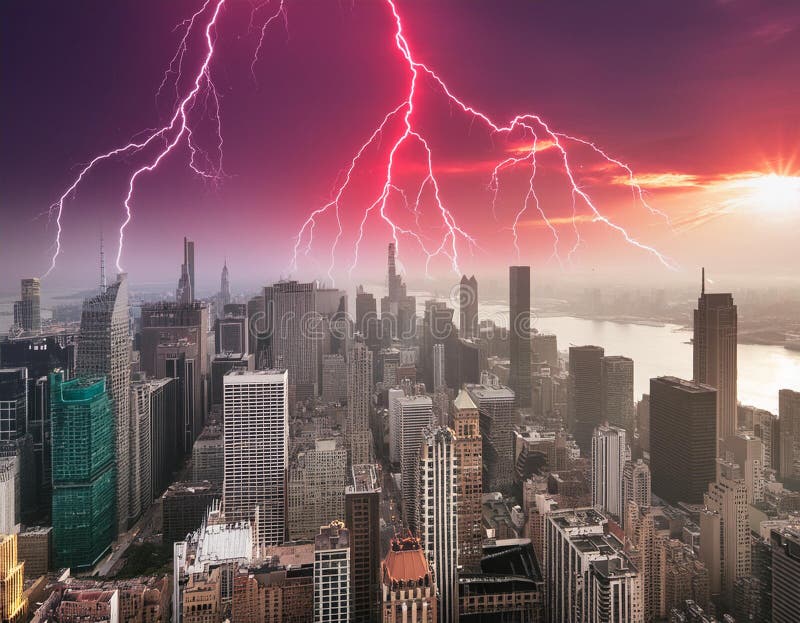 Dangerous Red Lightning Crashes on a Big City Stock Illustration ...