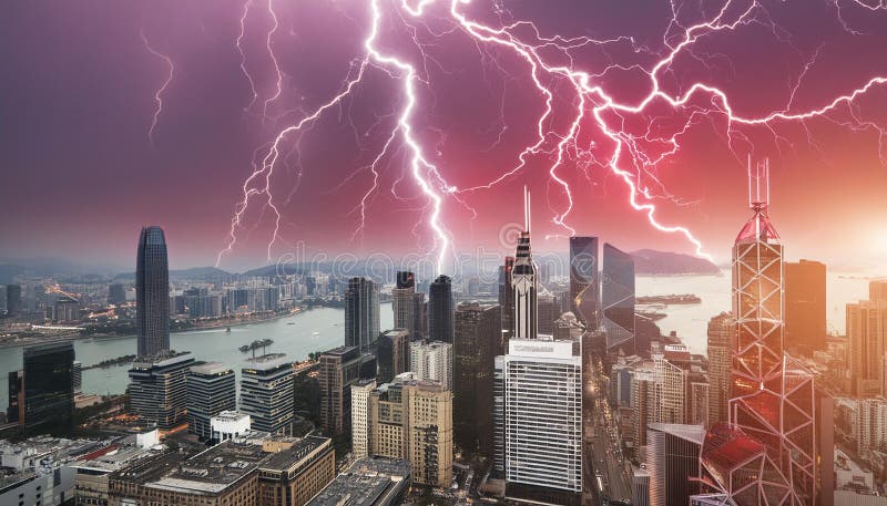 Dangerous Red Lightning Crashes on a Big City Stock Illustration ...