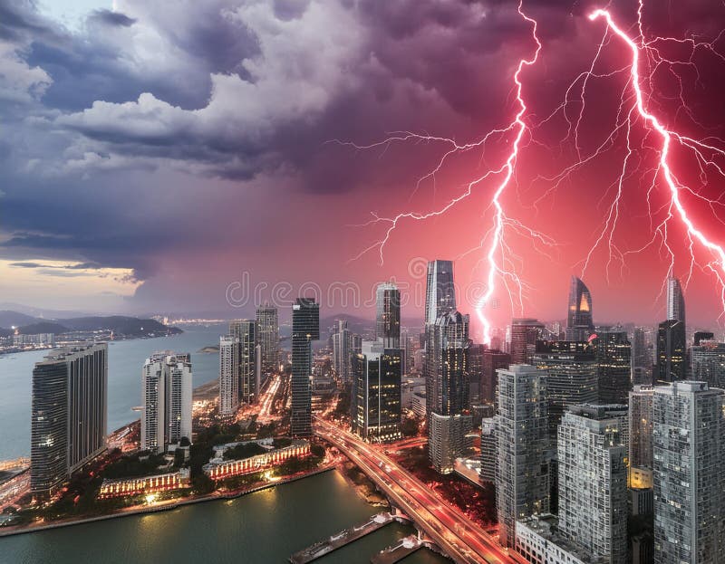 Dangerous Red Lightning Crashes on a Big City Stock Illustration ...