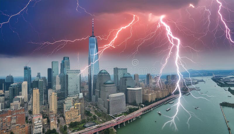 Dangerous Red Lightning Crashes on a Big City Stock Illustration ...