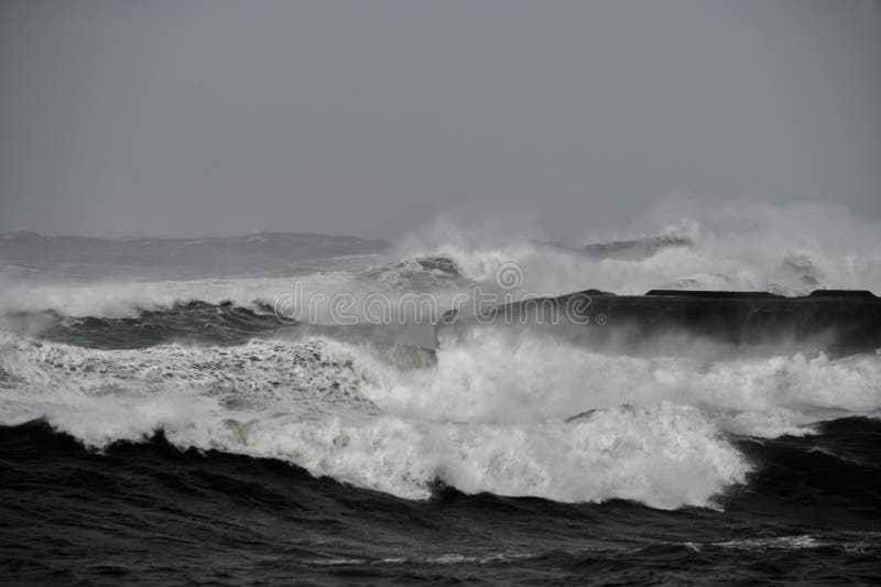 Dangerous Waves in the Middle of the Ocean with Spray from Wind Stock ...