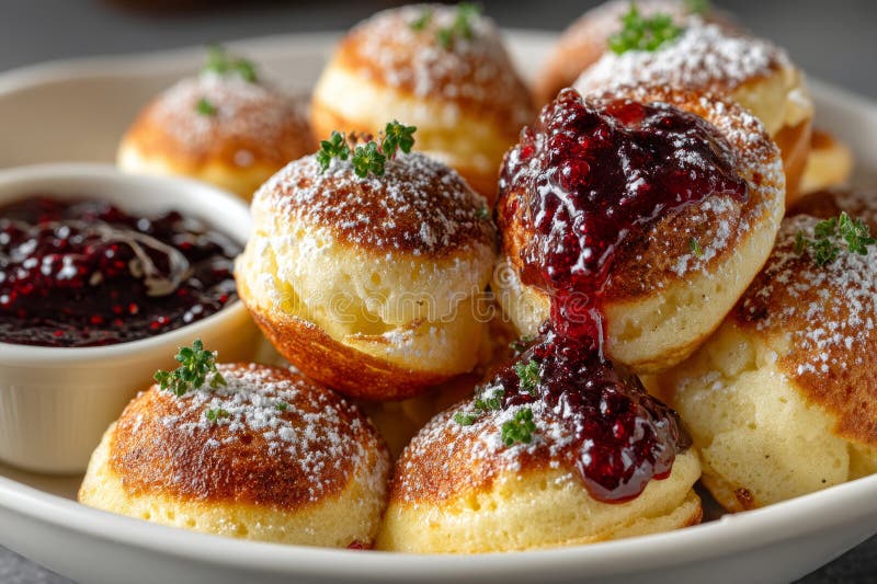 Danish Aebleskiver with Powdered Sugar and Berry Jam on White Plate ...