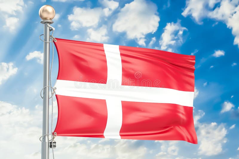 Danish Flag Waving in Blue Cloudy Sky, 3D Rendering Stock Illustration ...