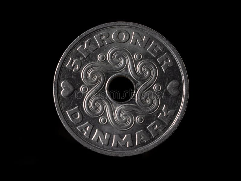 5 Danish Kroner Coin from Denmark Isolated on Black Stock Photo - Image ...