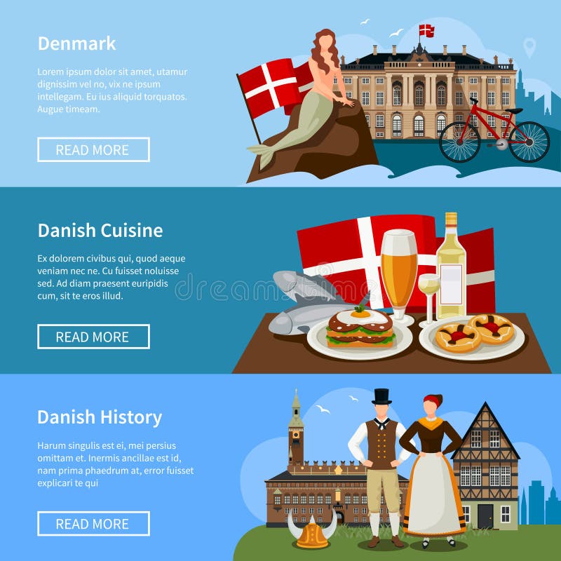 Danish Landmarks Flat Style Banners Set Stock Vector - Illustration of ...