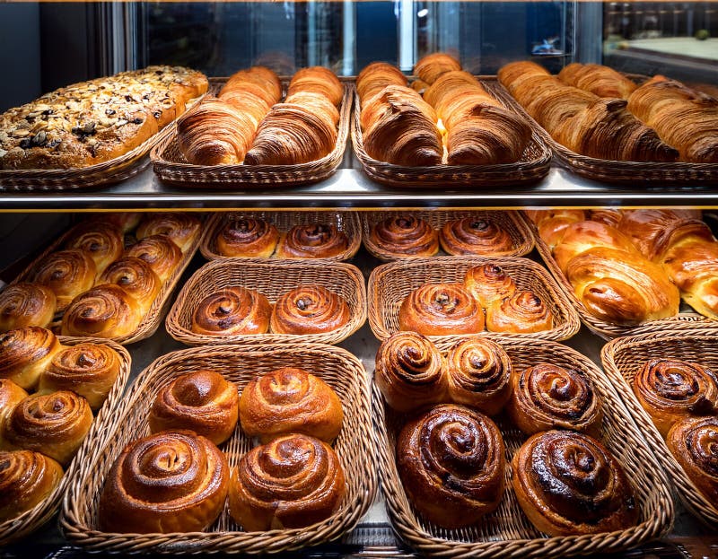 A Danish Pastry Display Case Filled with Cinnamon Buns, Custard-filled ...