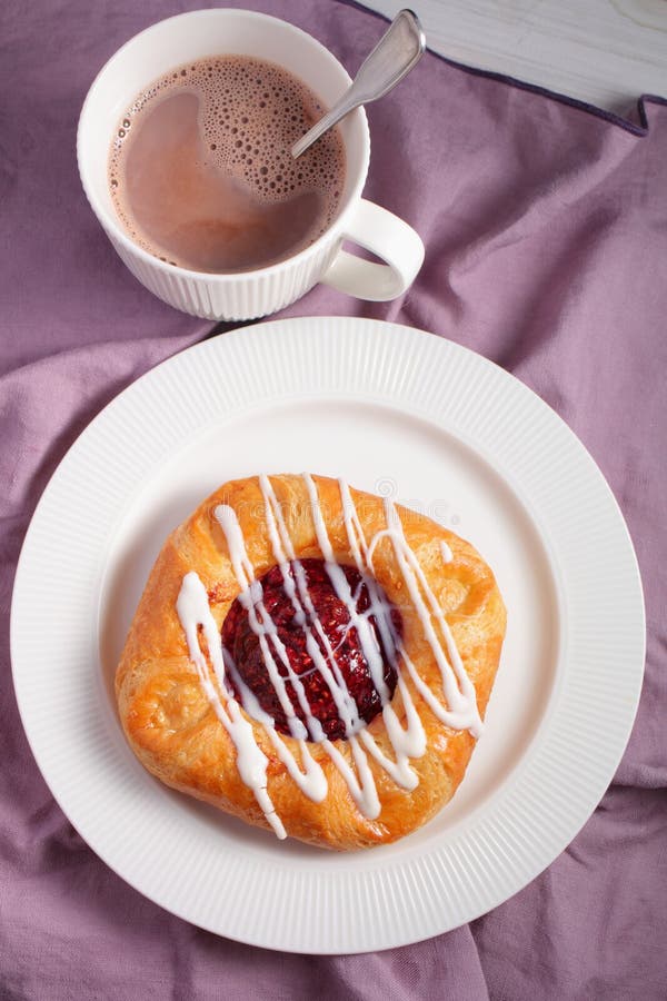 Danish Pastry and Hot Chocolate Stock Photo - Image of sauce, plate ...