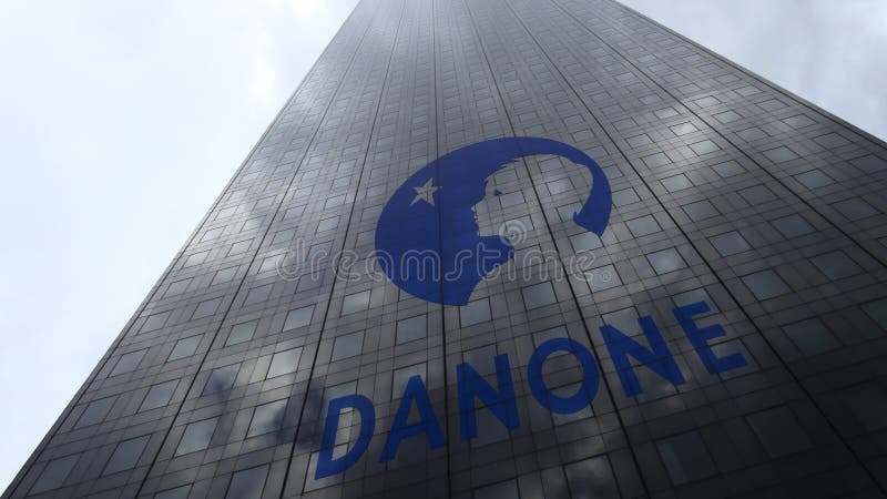 Danone Logo on a Skyscraper Facade Reflecting Clouds, Time Lapse ...