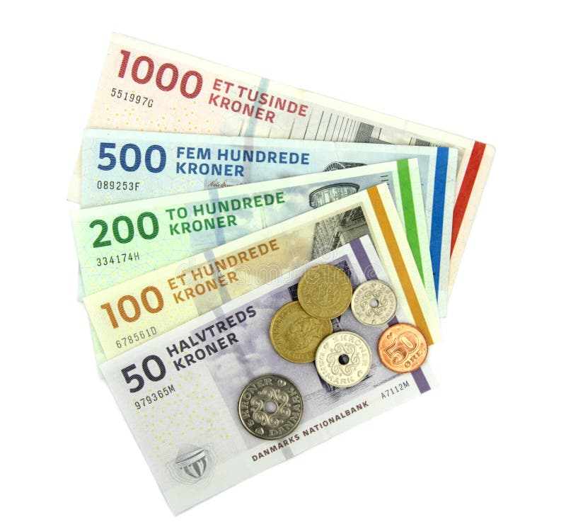 Danska Kroner (DKK), Mynt Och Sedlar. Fotografering för Bildbyråer ...