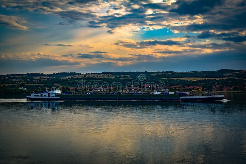Danube River at Sunset with Boat Stock Photo - Image of danube, boat ...