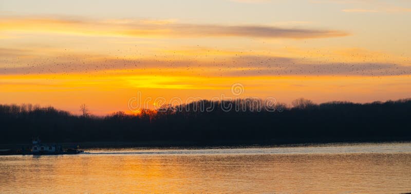 Danube sunset at Capidava stock image. Image of birds - 170462101