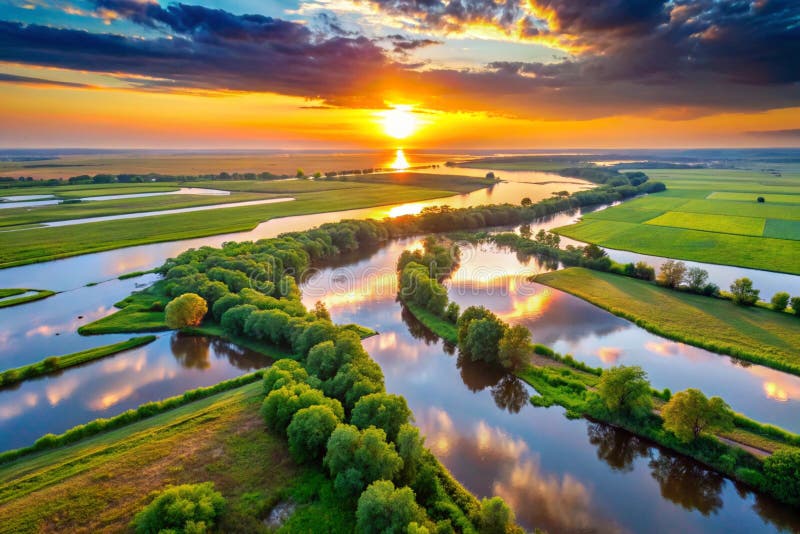 Danubian Delta Landscape at Sunset, Romania Stock Illustration ...