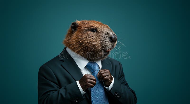 A Dapper Beaver in a Suit Adjusting His Tie, a Touch of Whimsy ...