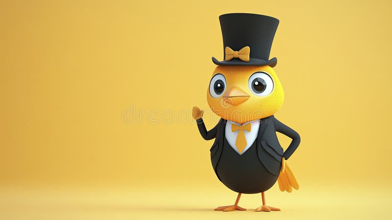 Dapper Bird Mascot Wearing a Tuxedo and Top Hat on Yellow Background ...