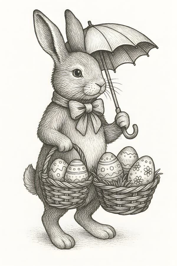 Elegant Easter Bunny: Pencil Sketch with Easter Eggs and Umbrella Stock ...