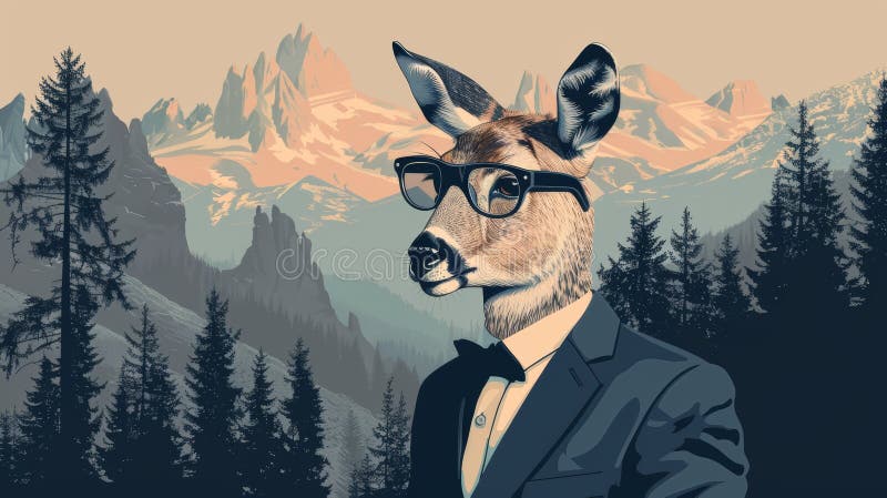 A Dapper Deer in a Suit and Glasses Stands before a Majestic Mountain ...